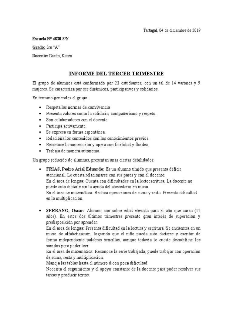 Informe Del Tercer Trimestre | PDF | Literatura | Maestros