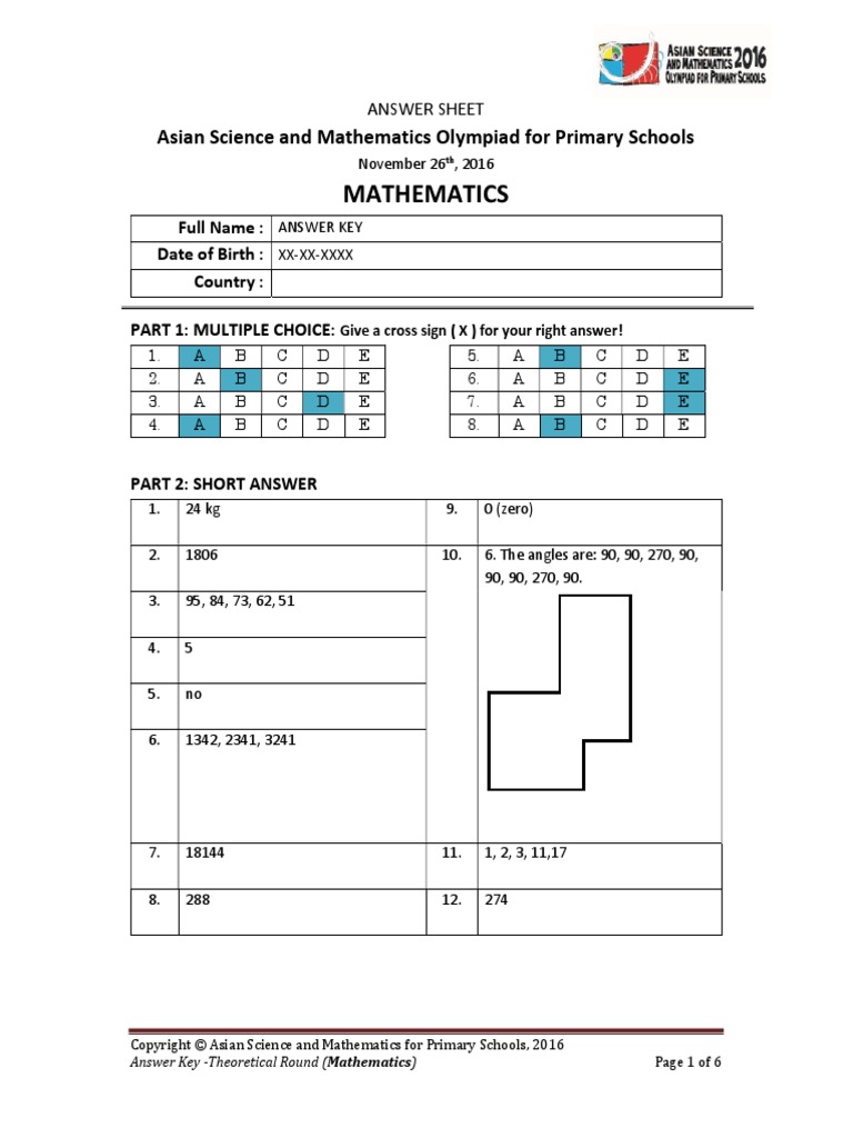 ASMOPS 2016, Theory, Math, Answer Key | PDF