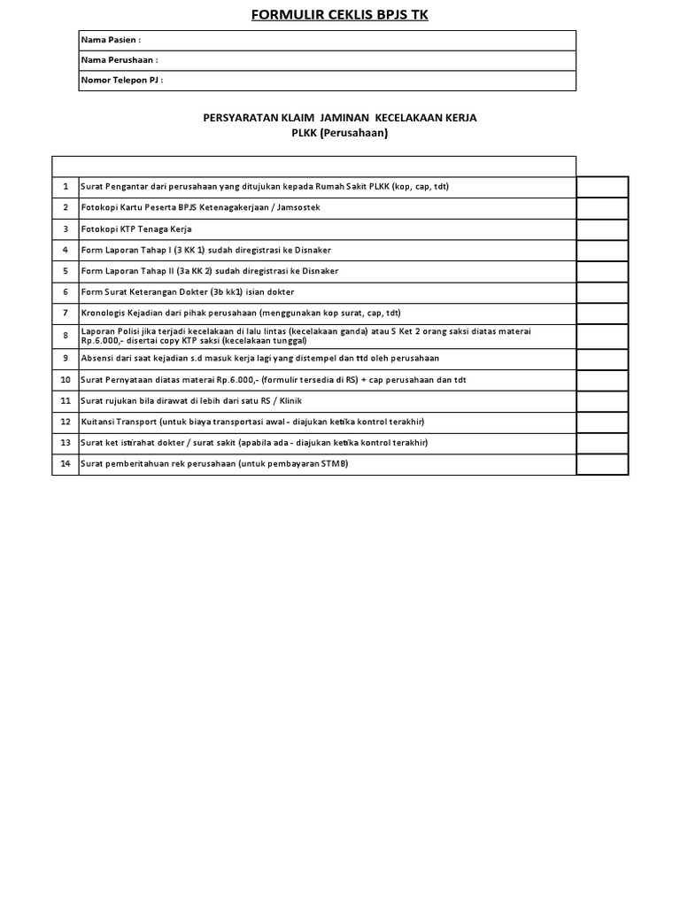 Bpjstk - Form. Ceklis Persyaratan | PDF