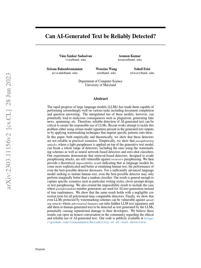 Can AI-Generated Text Be Reliably Detected?: Preprint | PDF