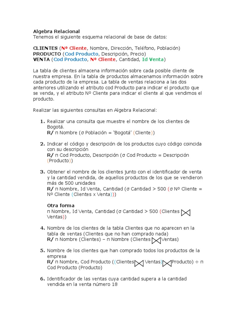 Algebra Relacional - Taller 3 | PDF | Base de datos relacional | Datos ...