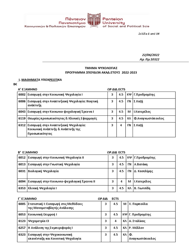 ΠΡΟΓΡΑΜΜΑ ΣΠΟΥΔΩΝ 2022-2023 Με Ονόματα 2 | PDF