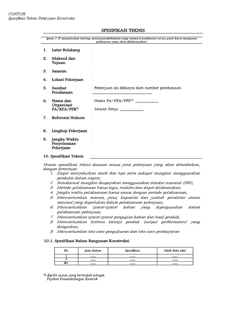 Contoh Format Spesifikasi Teknis Pekerjaan Konstruksi | PDF Contoh Format Spesifikasi Teknis Pekerjaan Konstruksi | PDF