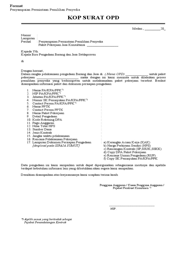 Format Penyampaian Permintaan Pemilihan Penyedia | PDF