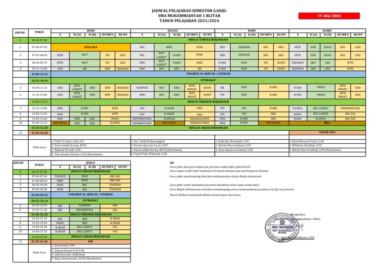 Jadwal Pelajaran Ganjil TP 2023-2024 | PDF