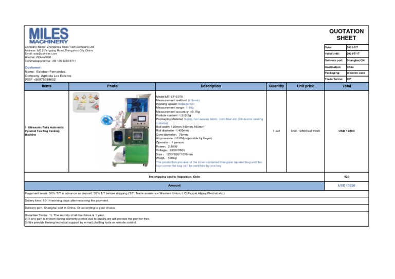 Quotation of Tea Bag Packing Machine-Ada | PDF