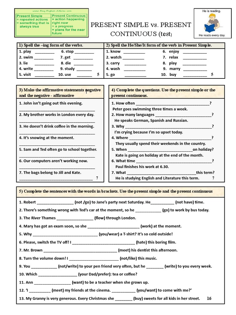 Present Simple Vs Present Continuous Test Grammar Drills Tests - 81971 ...