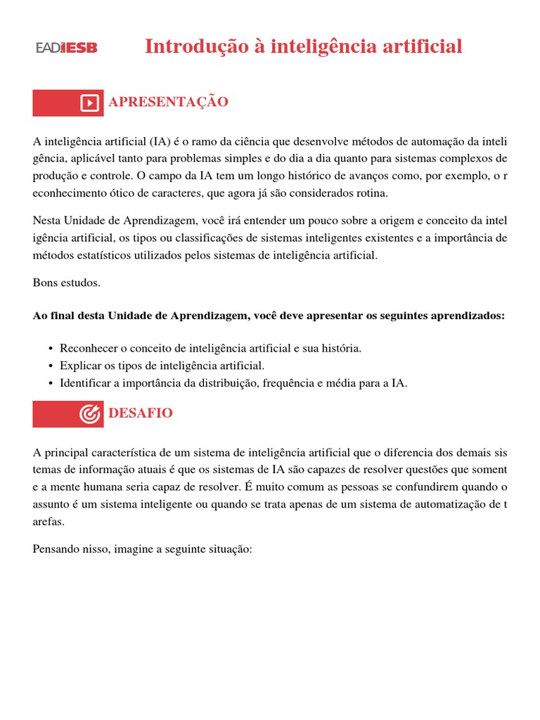 Aula 1 - Introdução À Inteligência Artificial | PDF