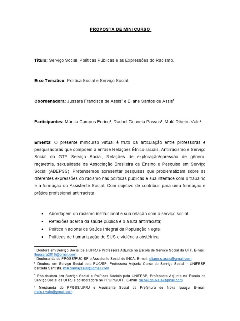 Identificado Proposta de Mini Curso Simposio Unifesp | PDF | Trabalho social | Sociologia