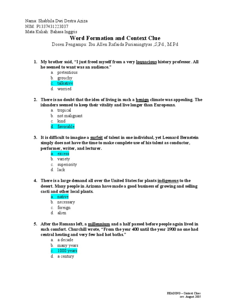 Context Clues Assignment Pages 4 5 | PDF