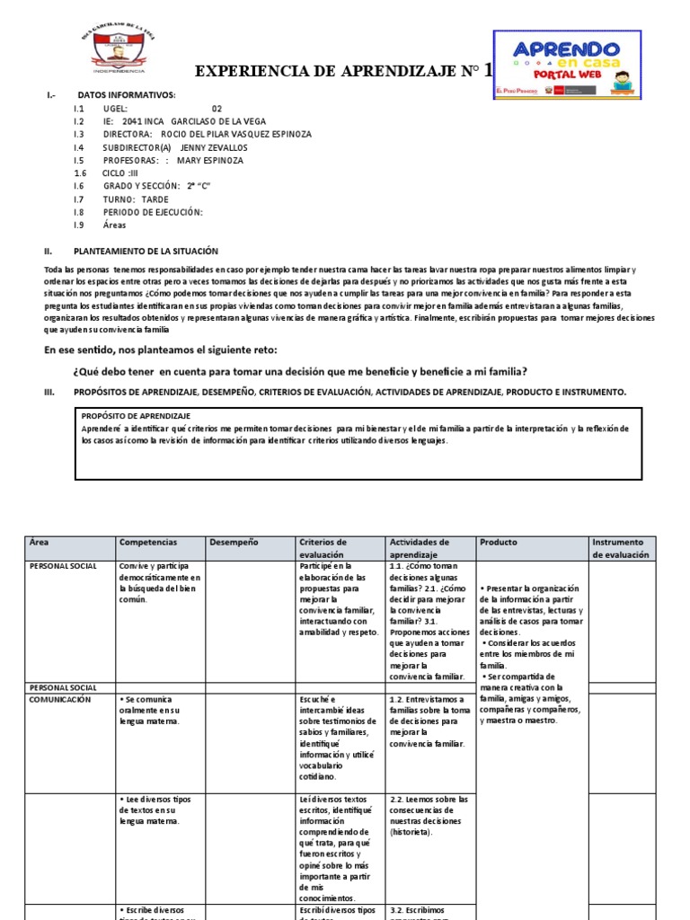 Formato de Experiencia de Aprendizaje Igv Modelo 4-4-21 | PDF | Aprendizaje | Evaluación
