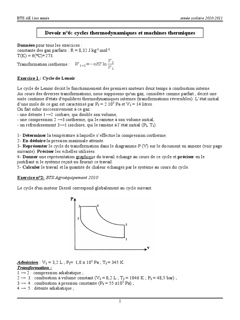 Devoir N°6: Cycles Thermodynamiques Et Machines Thermiques: Données ...