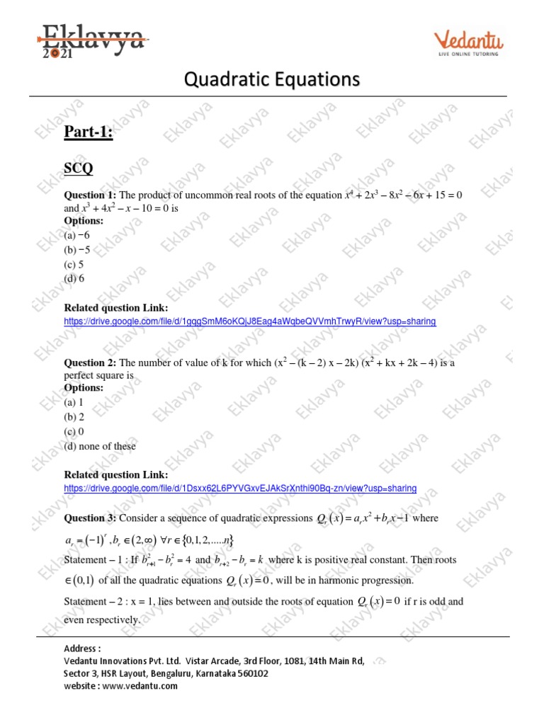 Ekalavya-Quadratic Equations - Questions | PDF