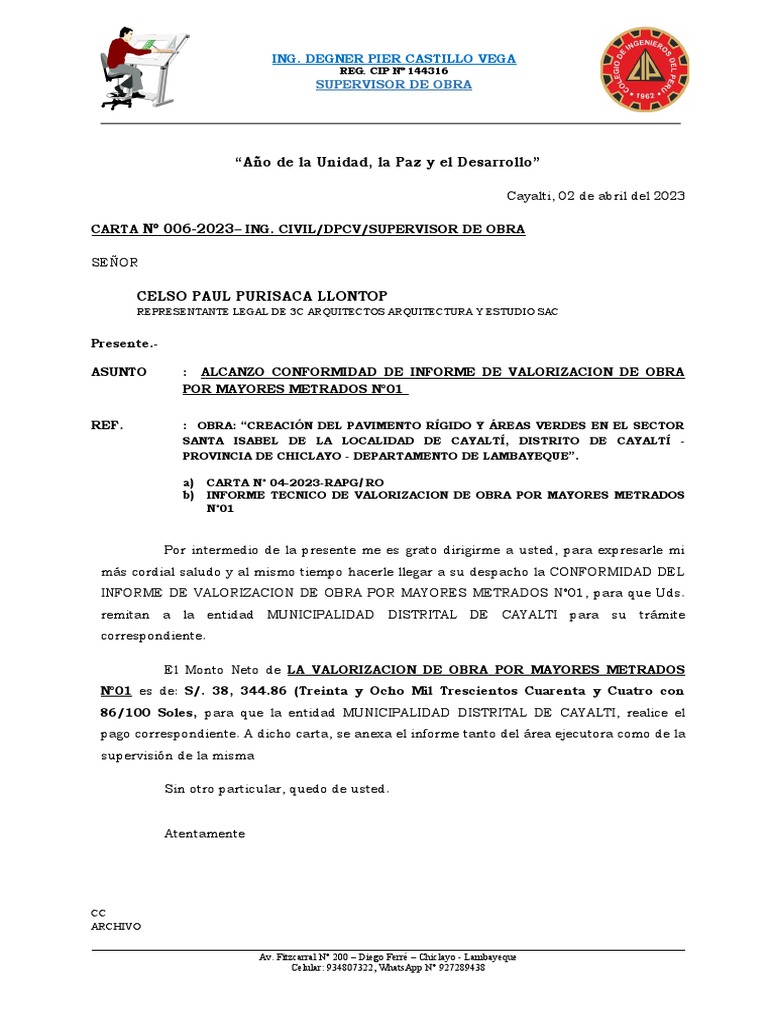 2.-Informe de Supervisor - Mayores Metrados - Valorizacion - 072450 | PDF