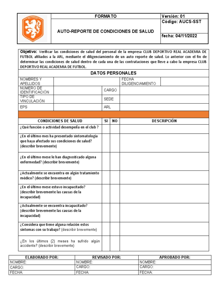 Formato de Auto-Reporte Condiciones de Salud. | PDF