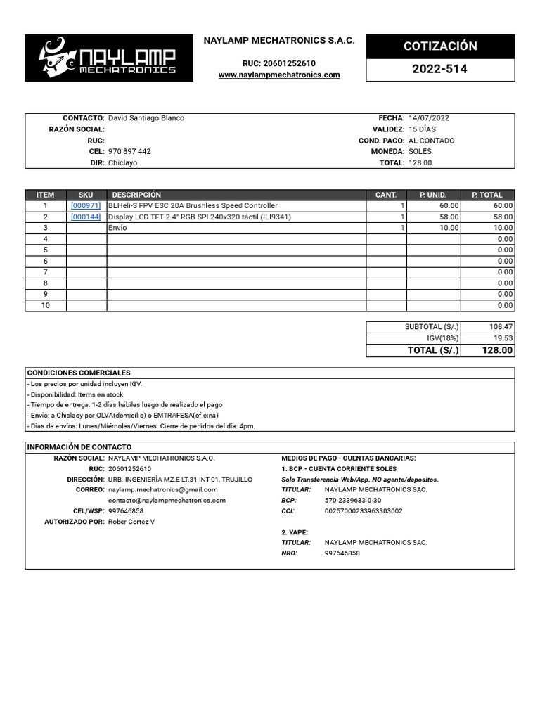 Cot. Naylamp Mechatronics - 2022-514 | PDF