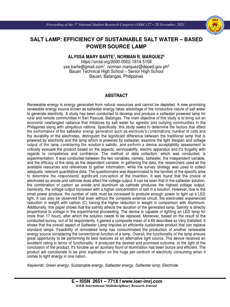Salt Lamp Efficiency of Sustainable Salt Water Based Power Source Lamp ...