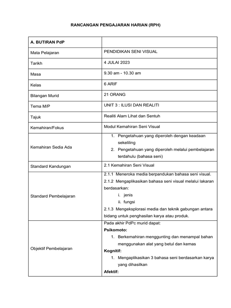 RPH Seni Tahun 6 | PDF