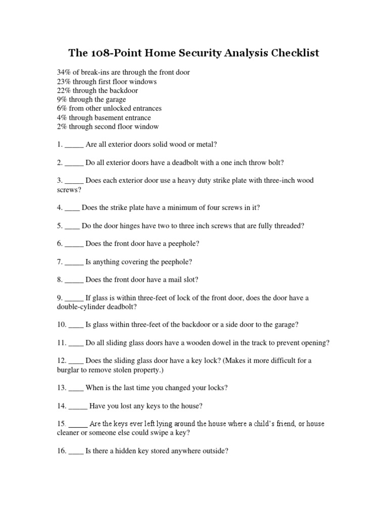 108 Point Home Security Checklist | PDF | Equipment