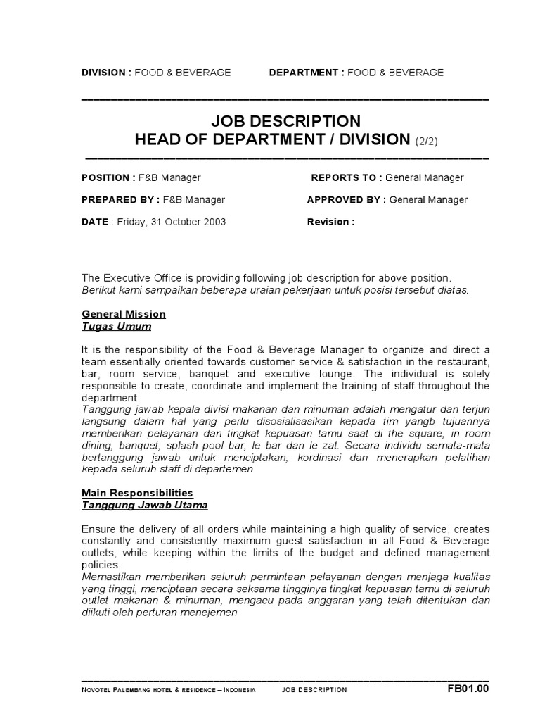Job Description Head of Department / Division: Tugas Umum | PDF