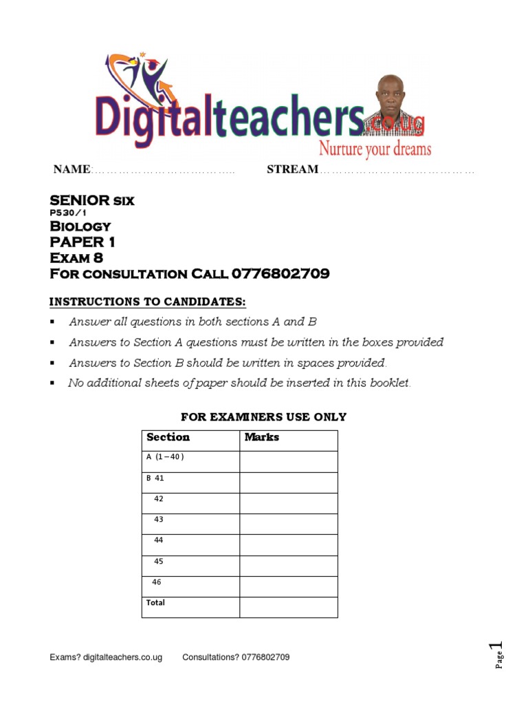S6 Biology Paper 1 Set 8 Marking Guide | PDF