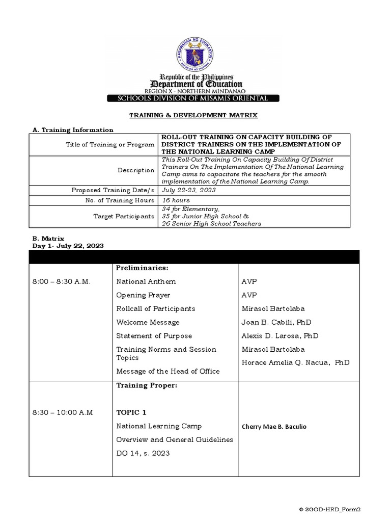 Training Matrix NLC CAPACITY BUILDING District | PDF