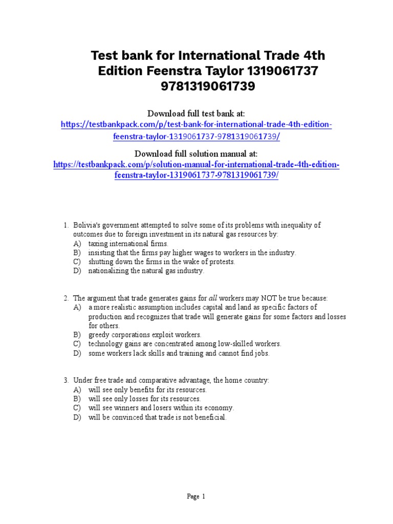 Test Bank for International Trade 4th Ed. | PDF | Labour Economics ...
