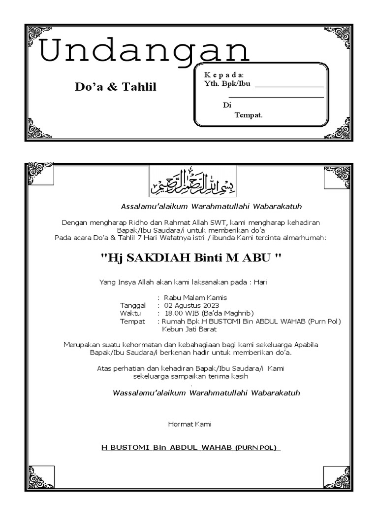 Undangan 7 Hari Wak Sakdiah | PDF