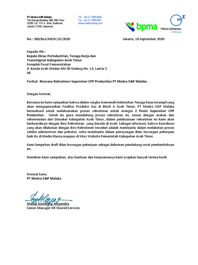 Disnaker - Surat Pengantar Supervisor CPP Production | PDF