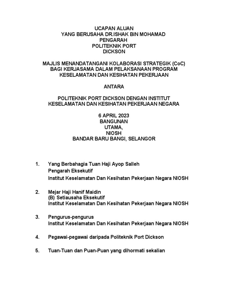 Teks Ucapan Pengarah Bagi Coc Ppd_niosh 2 | PDF