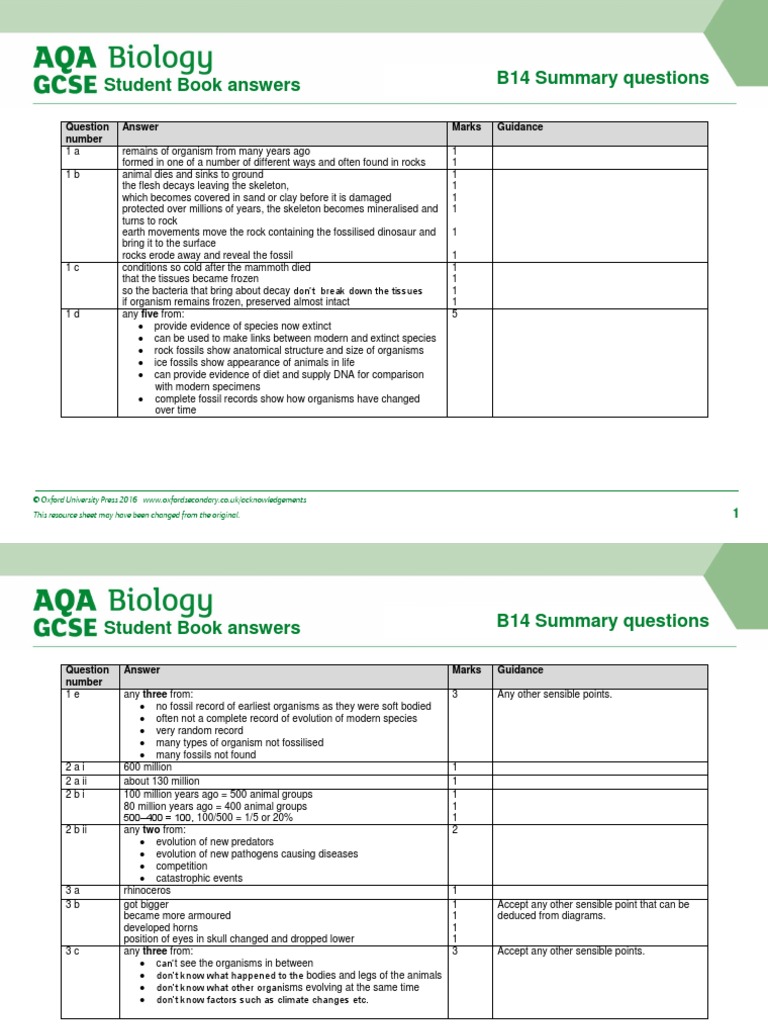 AQA Biology GCSE Combined B14 Summary Answers | PDF | Fossil | Species