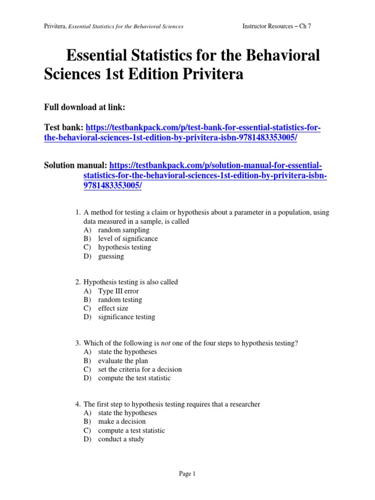 Essential Statistics For The Behavioral Sciences 1st Edition Privitera ...