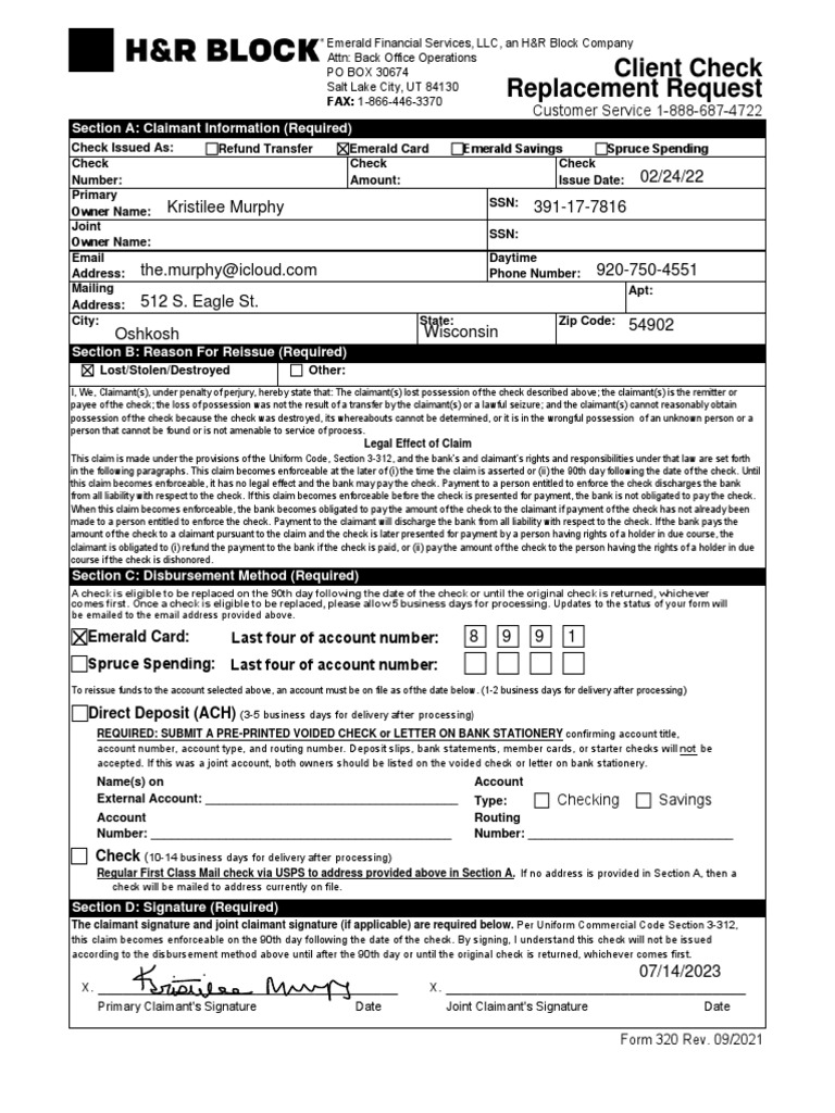 Client Check Replacement Request | PDF