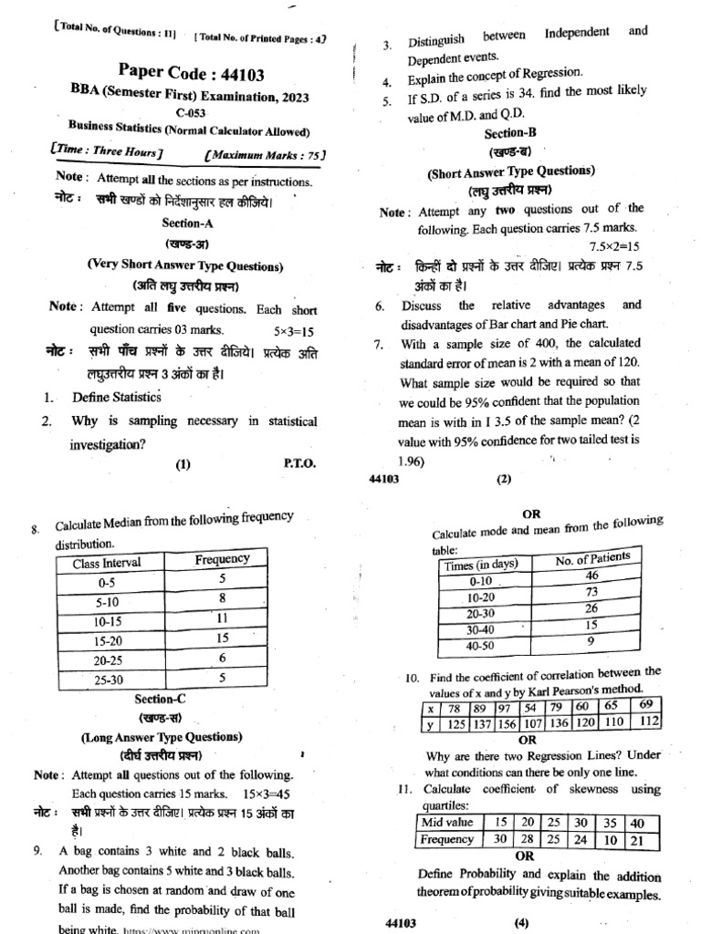 Bba 1 Sem Business Statistics Normal Calculator Allowed 44103 2023 | PDF