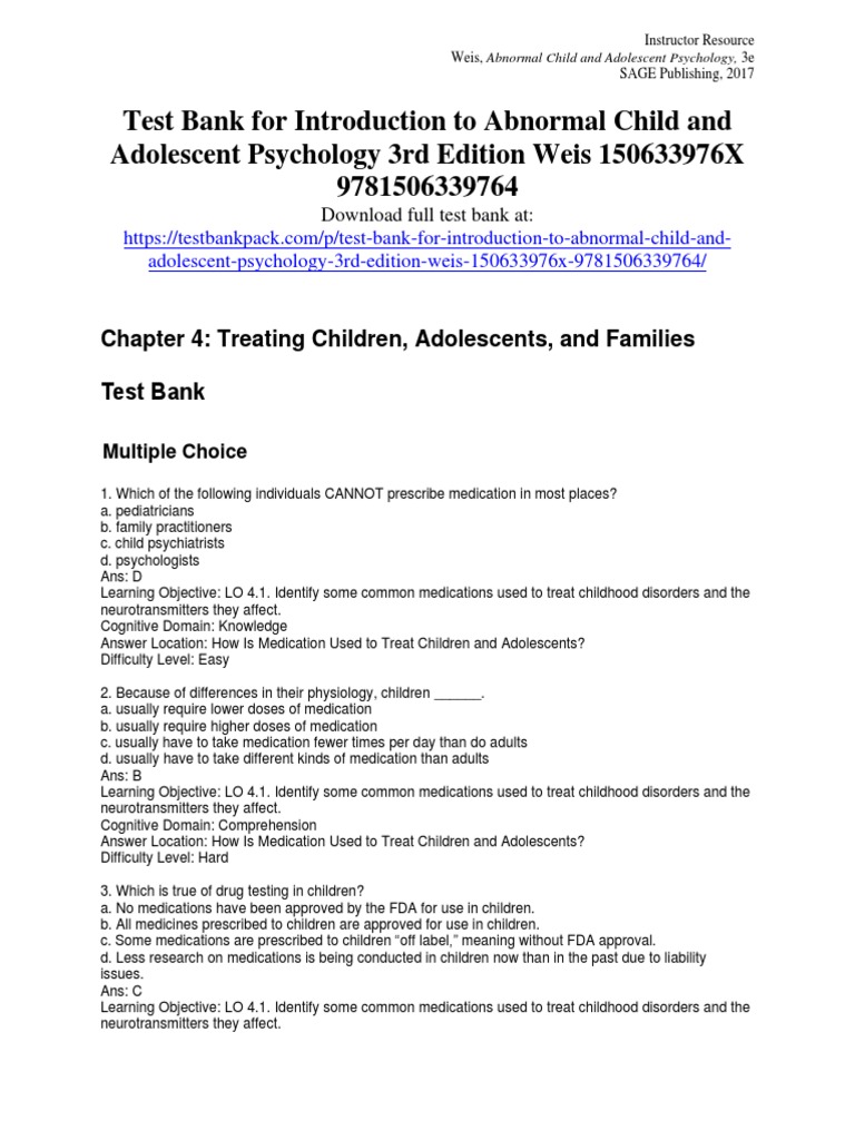 Test Bank for Abnormal Child Psychology | PDF | Psychotherapy ...