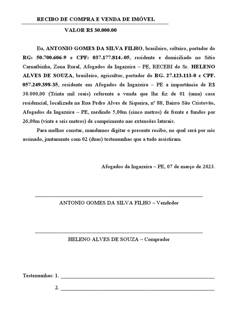 Recibo de Compra e Venda de Imóvel | PDF