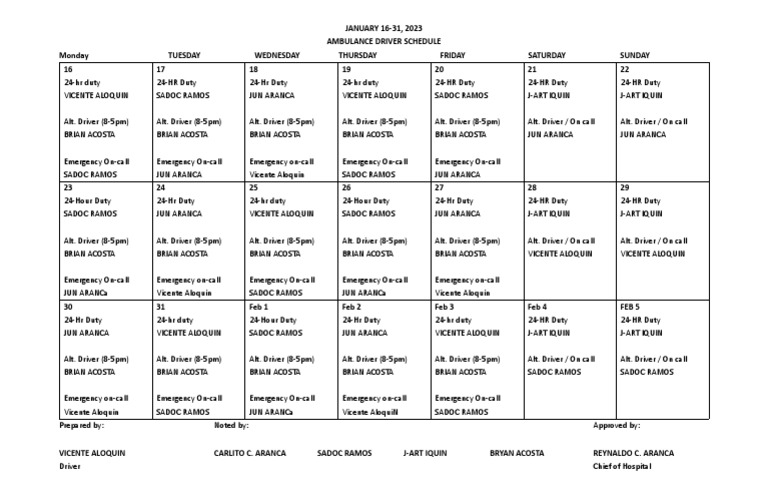 Ambulance Driver Schedule | PDF