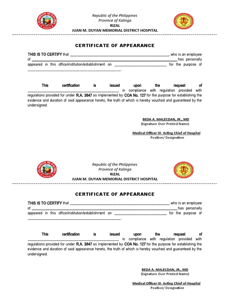 Certificate of Appearance Template | PDF
