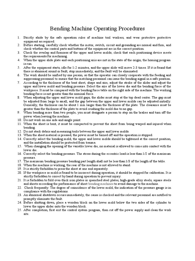 Bending Machine Operating Procedures | PDF
