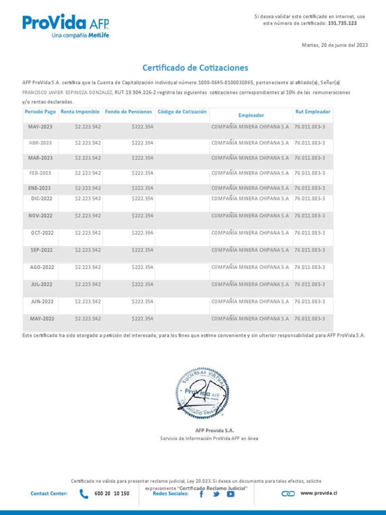 CertificadodeCotizaciones (2) Provida (Autoguardado) (Autoguardado) | PDF