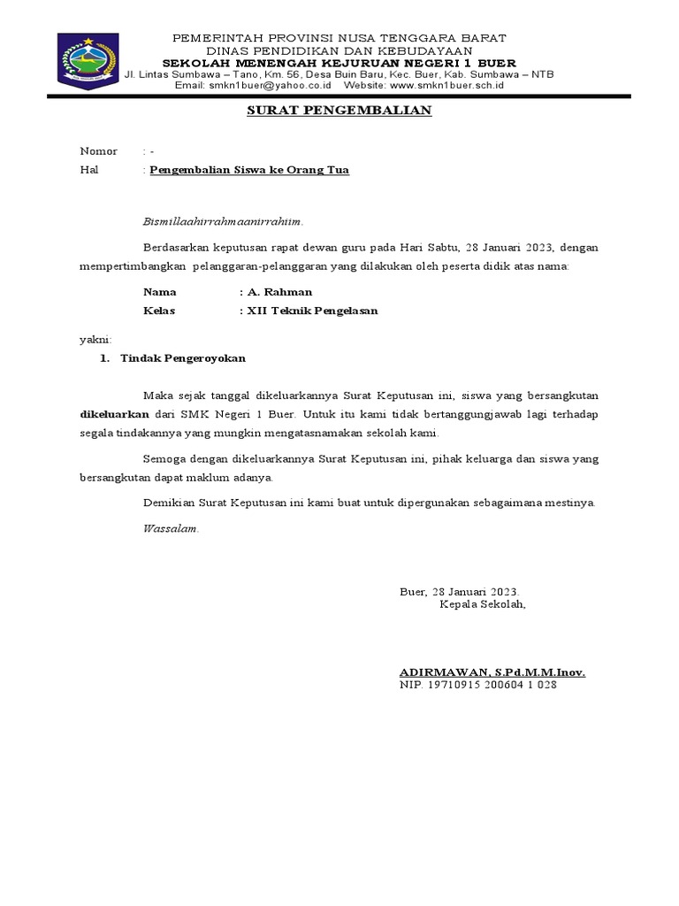 Surat Pengembalian Siswa | PDF