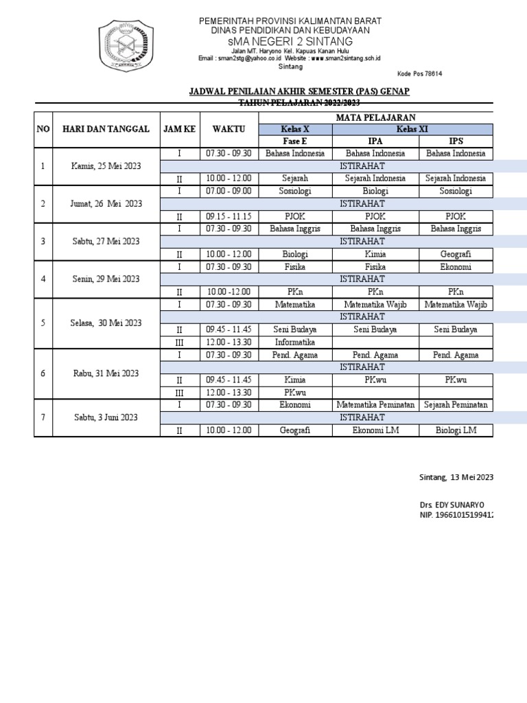 Jadwal Mapel Dan Pengawas Pas Genap 2022-2023 Fix | PDF