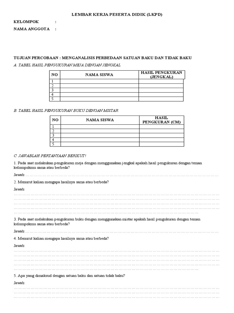 LKPD satuan baku dan tidak baku | PDF