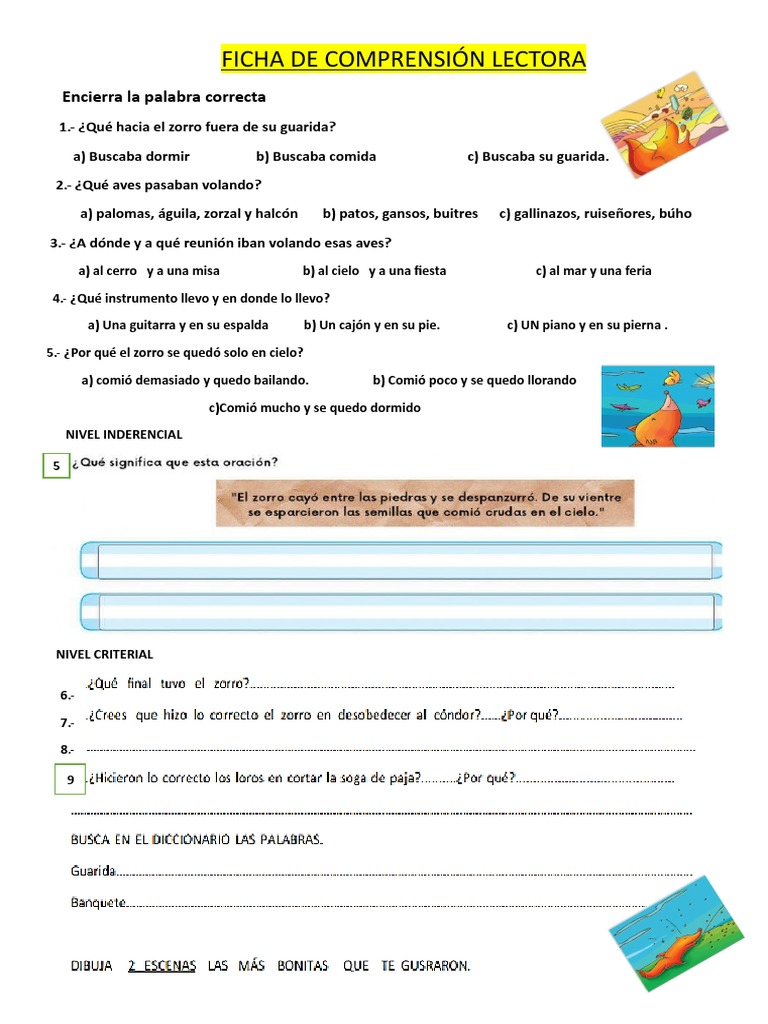 Vuelo Al Cielo - Ficha de Comprensión Lectora | PDF