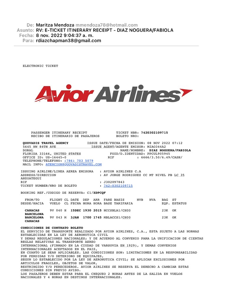 Itinerario Avior: Caracas-Barcelona | PDF | Clase de negocios | Aviación