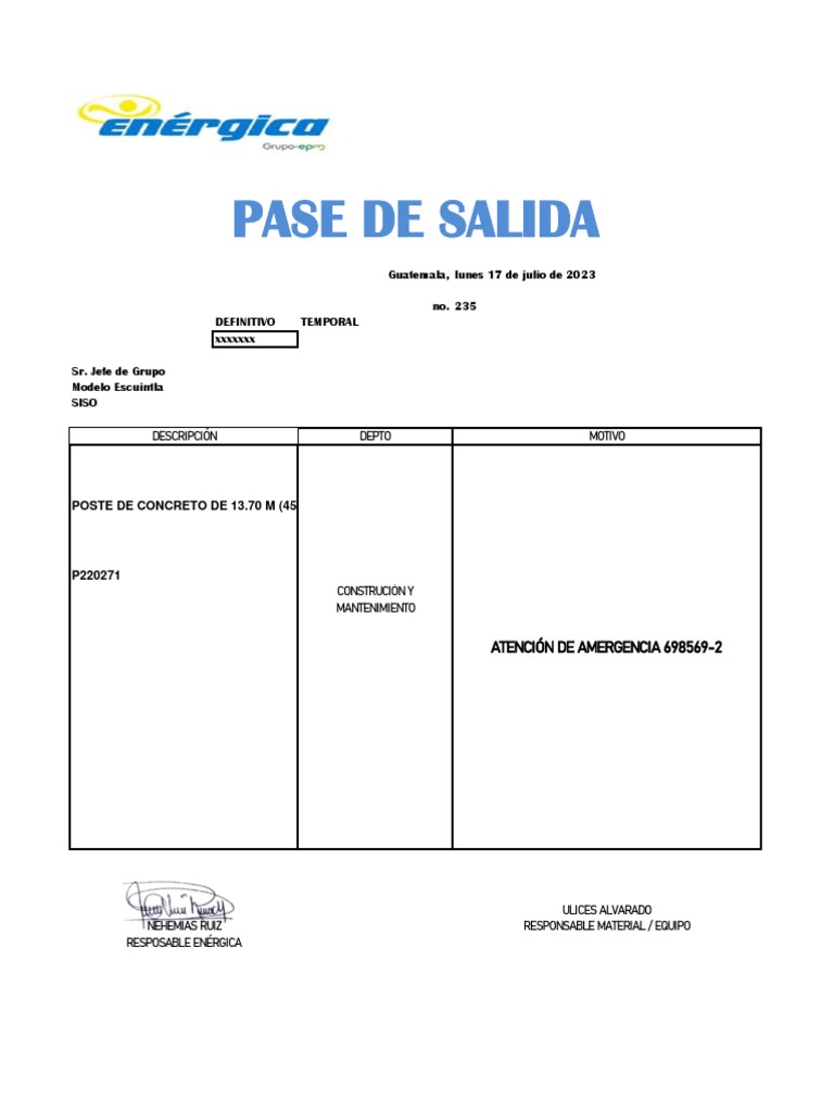 Pase de Salida POSTE | PDF