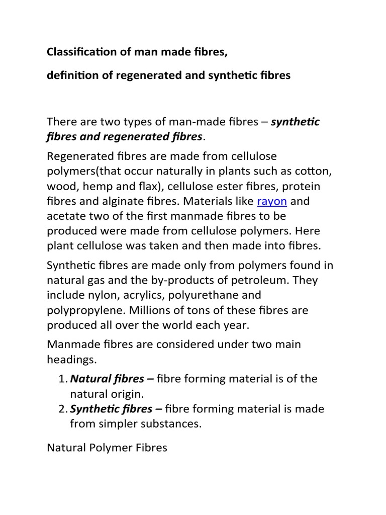 Classification of Man Made Fibres KCT 602 Unit 1 | PDF