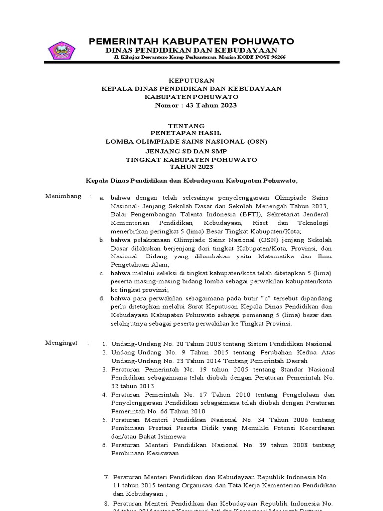 SK Penetapan Osn Jenjang SD SMP Tahun 2023 | PDF