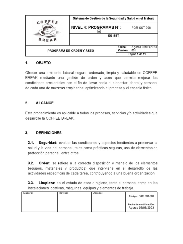 Programa Correcto de Orden y Aseo | PDF