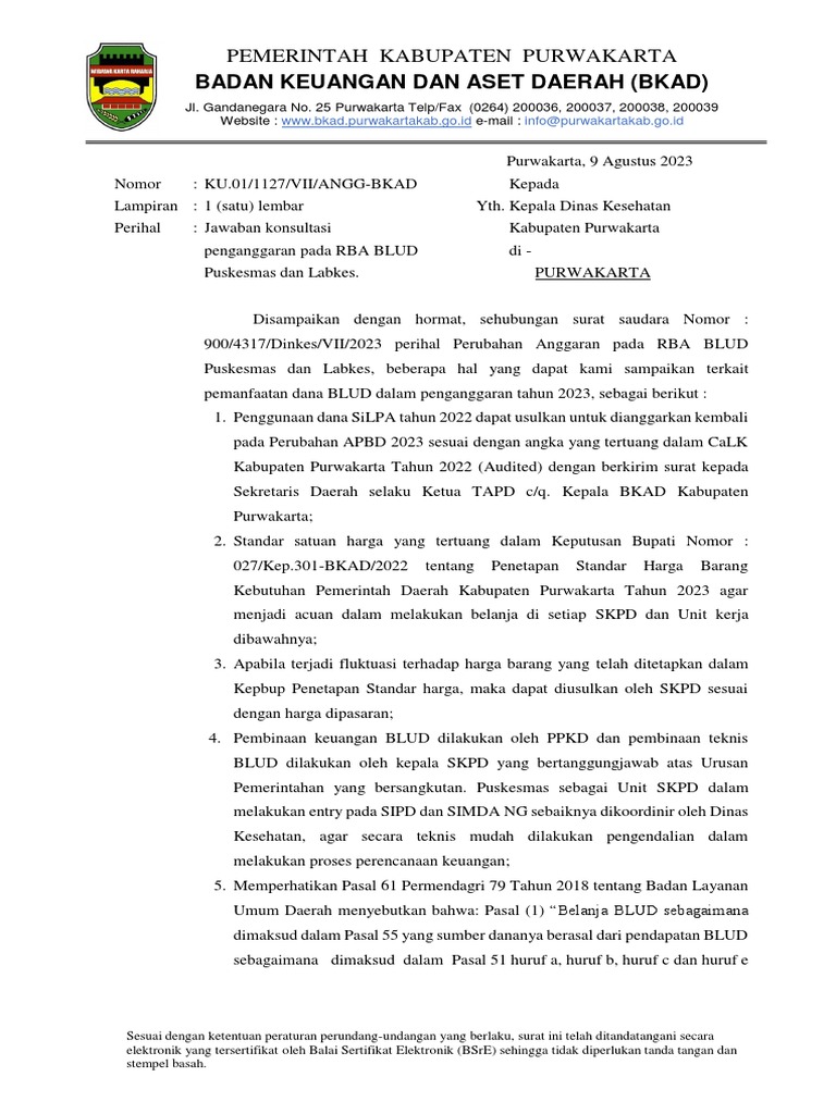Surat BKAD Jawaban Konsul Dinkes (TTE) - Signed - Sign - Sign - Sign | PDF